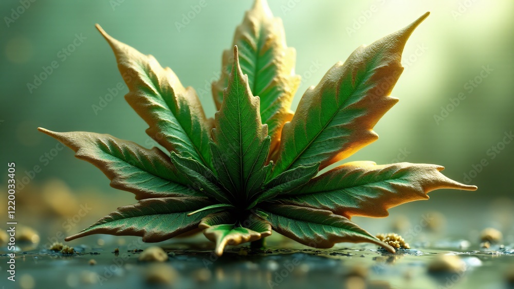 3D abstract marijuana leaf transformed into geometric shapes. Green and ...
