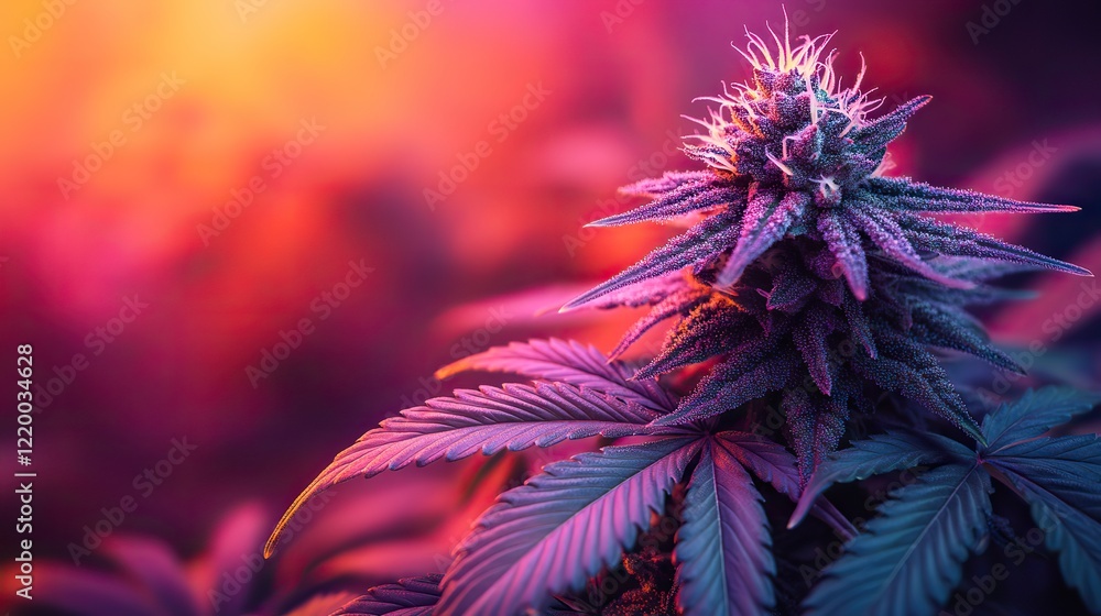 cannabis leaves in vibrant neon light purple, pink, blue, yellow ...