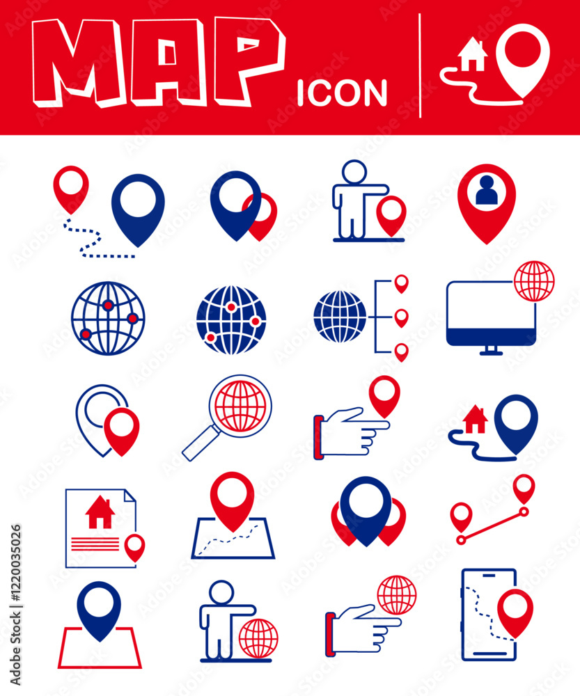Map icons in red and blue featuring location pins, globes, and ...