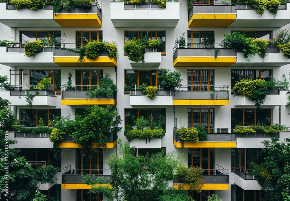 Modern apartment building with vibrant green balconies. A sustainable ...