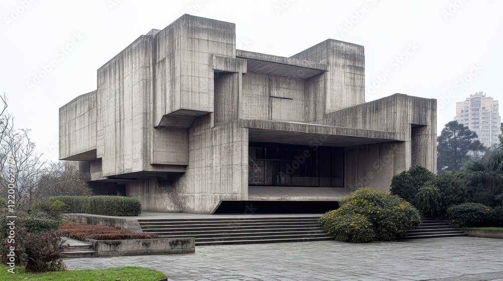 Brutalist architecture, imposing concrete structure. Illustrates ...