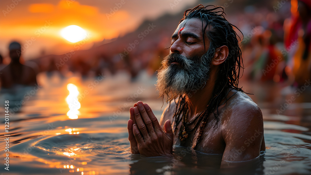 Indian Hindu sadhu taking holy bath in sacred river during Kumbh Mela ...