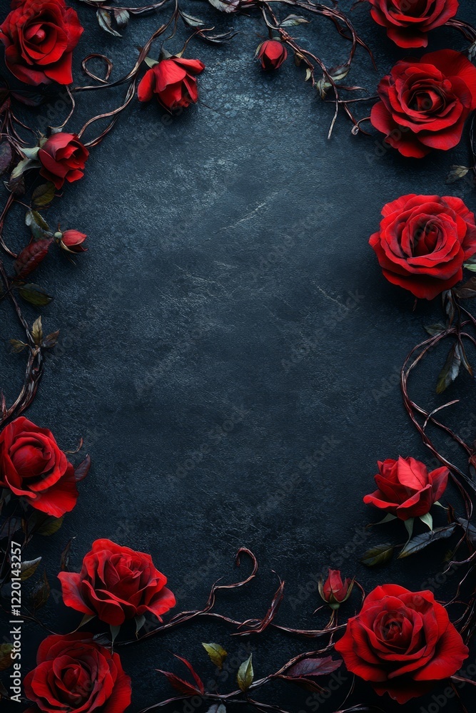 Dark moody background with red roses and thorny vines forming a frame ...
