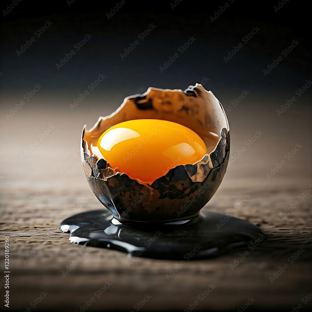 a cracked rotten egg with a blackened shell and a leaking, slimy ...