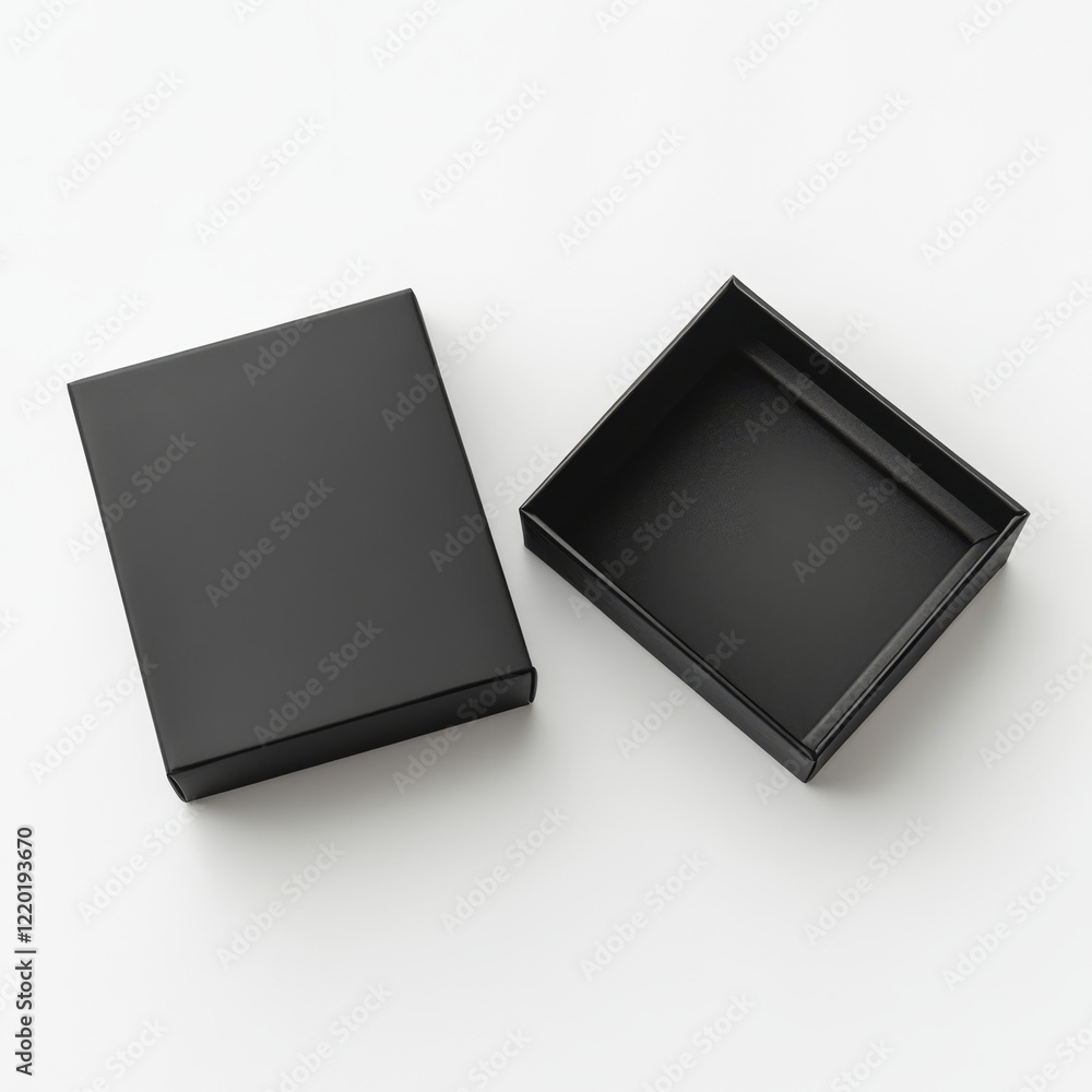 Two black empty rectangular gift boxes on white background, one open ...