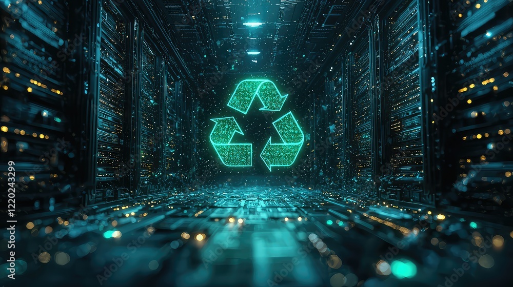 Futuristic data center with glowing recycle symbol, depicting digital ...