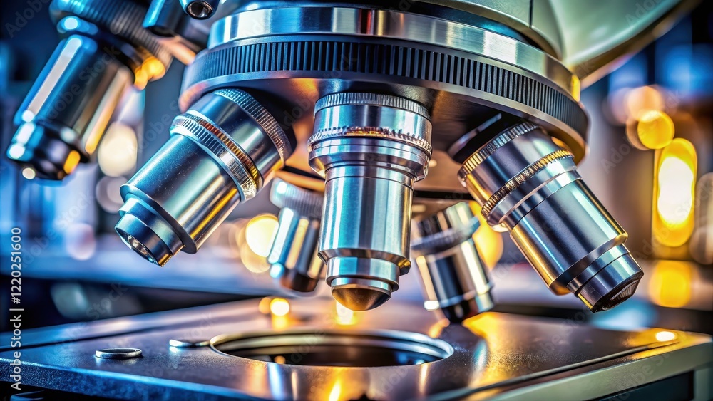 A microscope lens in close-up view, with a complex arrangement of ...