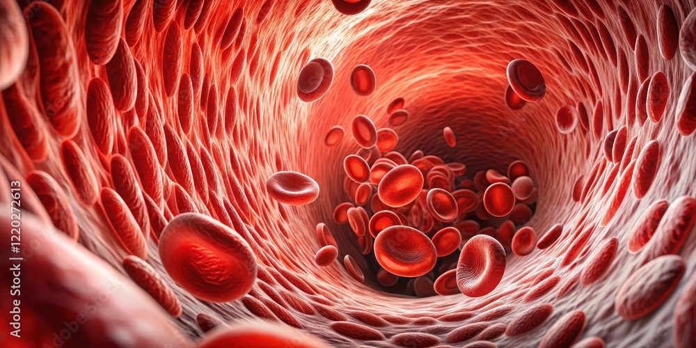 Microscopic view of red blood cells flowing through a narrow vessel in ...
