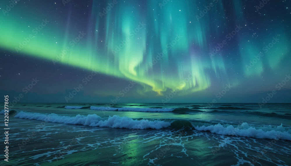Aurora borealis in green and blue dances over the northern sea ...