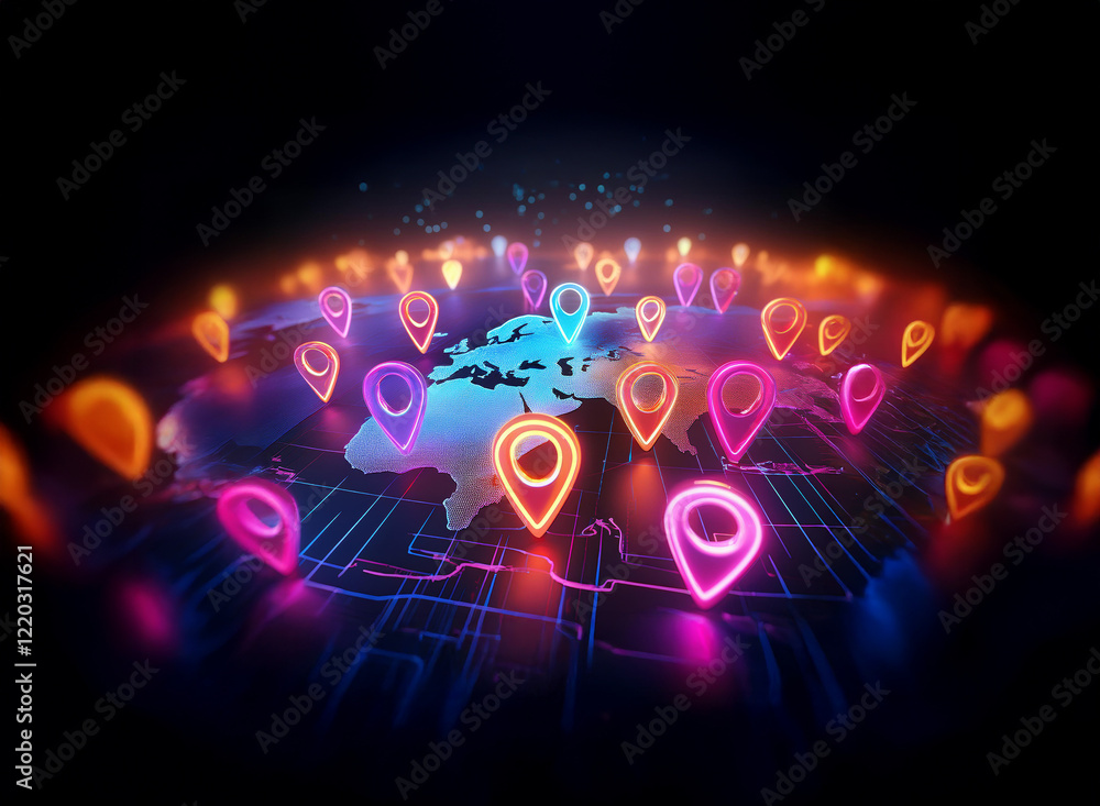 Glowing map markers encircle a digital world map, symbolizing global connectivity and network ...