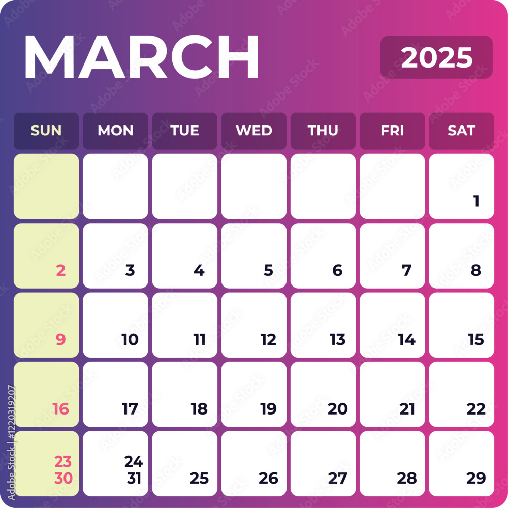 Monthly calendar for March 2025. The week begins on Sunday. Time ...