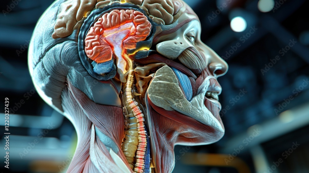 Detailed anatomical view of the human head, highlighting brain, muscles ...