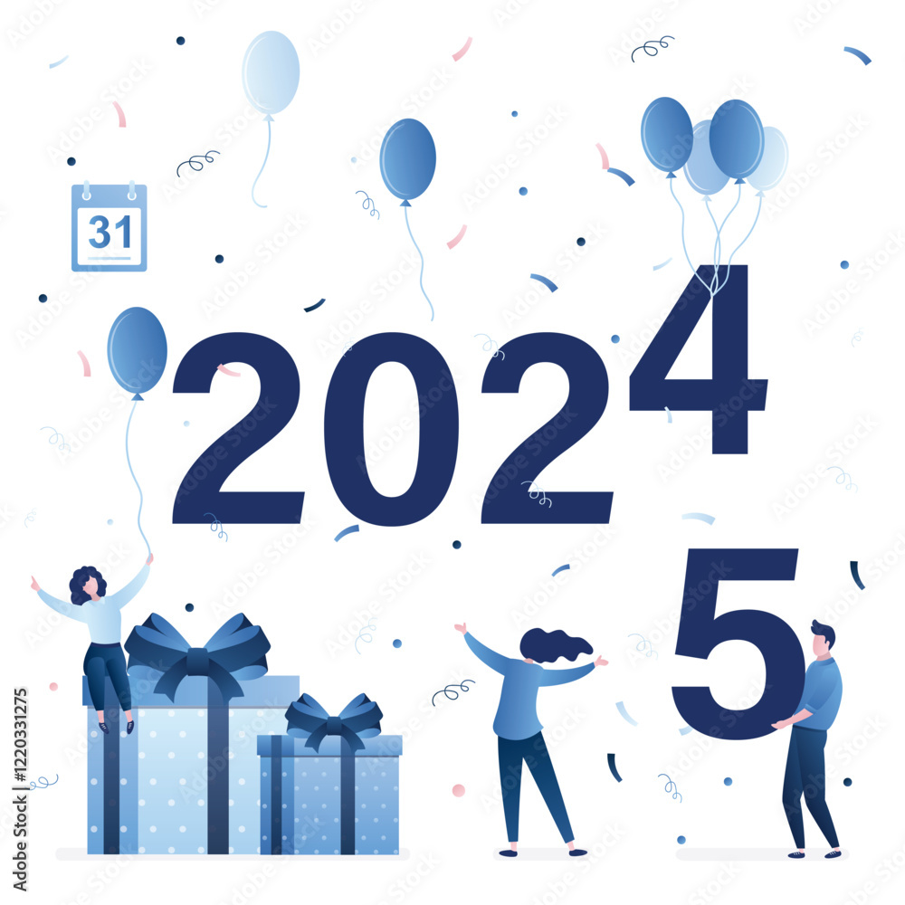 People celebrating new 2025 year. Funny party. Tiny people change ...