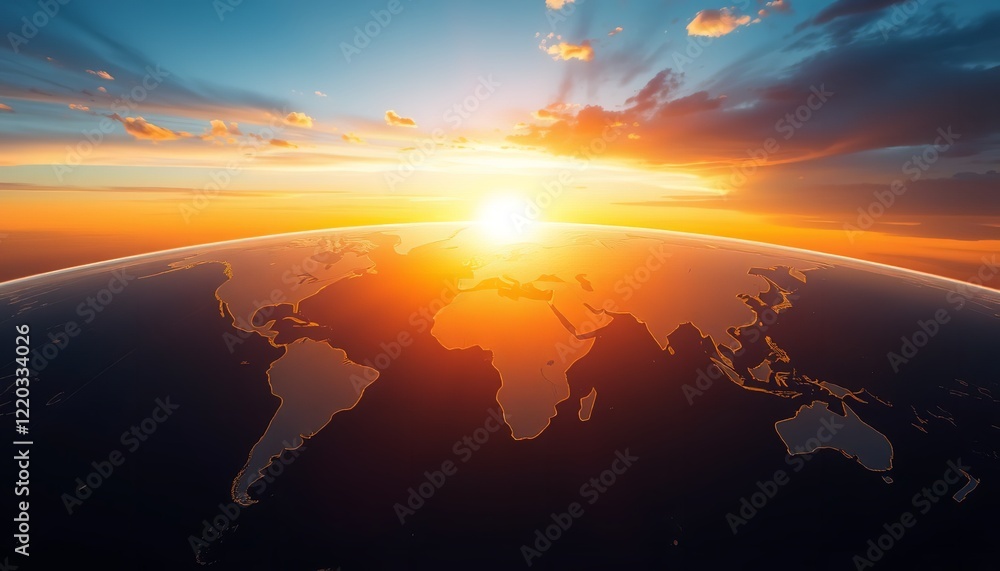 Stunning Global Sunrise World Map Orange Sunset Aerial View Earth ...