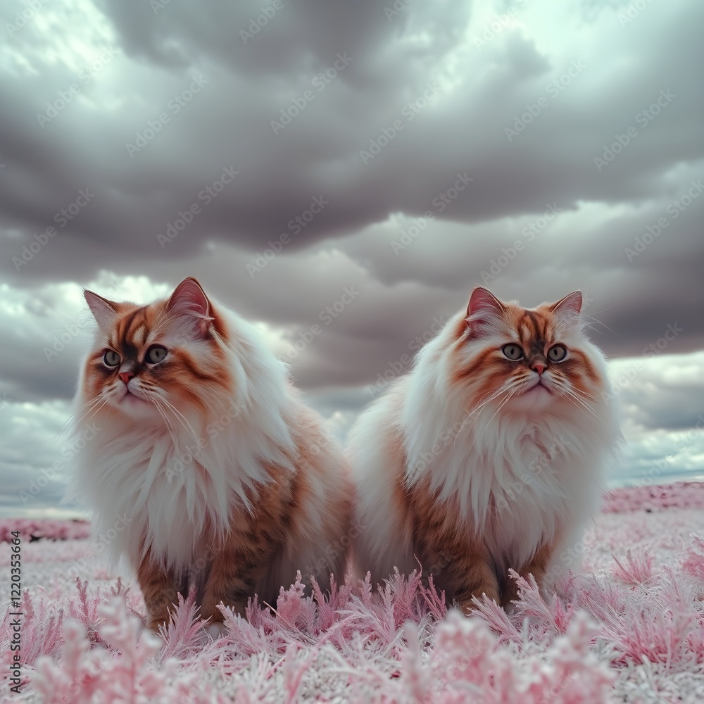 Two Russian cats sitting on soft pink grass with dreamy clouds floating ...