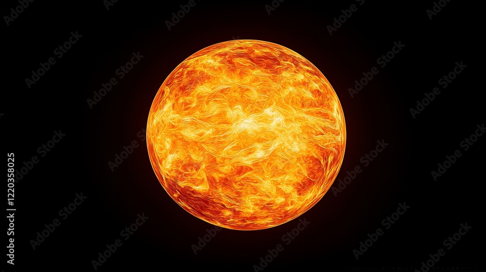 fiery sun, solar surface, orange glowing sphere, swirling plasma ...
