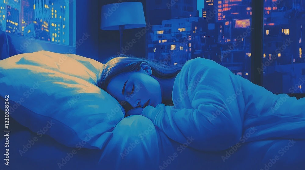 Young woman sleeping on bed seeing dream night city top view. Girl ...
