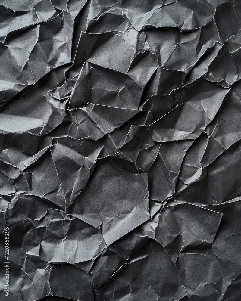 A detailed view of torn and crumpled black paper with sharp folds and ...