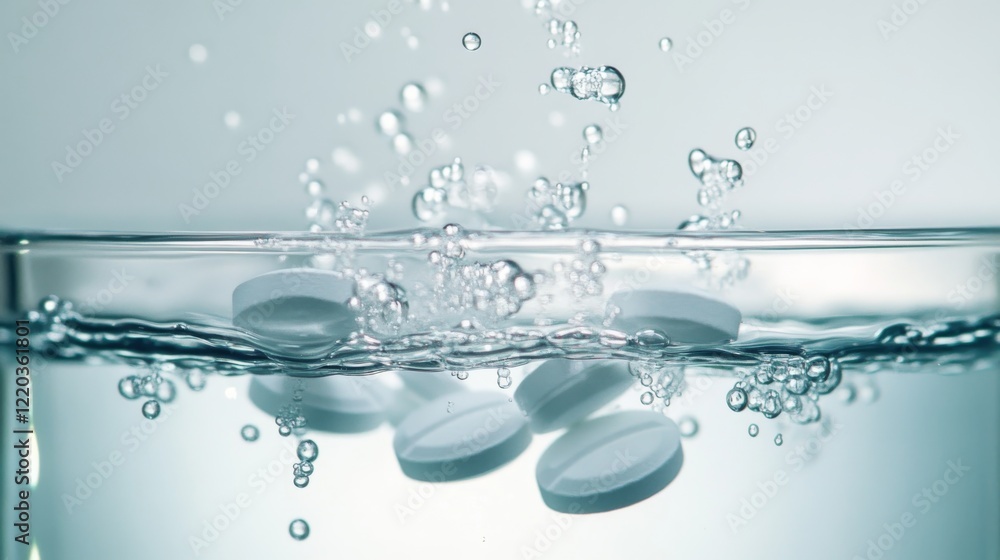 Effervescent aspirin tablet with underwater bubble. Fizzy white ...