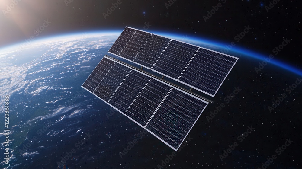 clean energy renewable policy concept. Satellite with solar panels ...