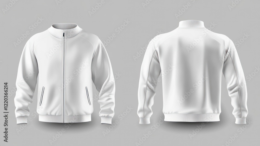 White tracksuit jacket template, front and back view, isolated on a ...