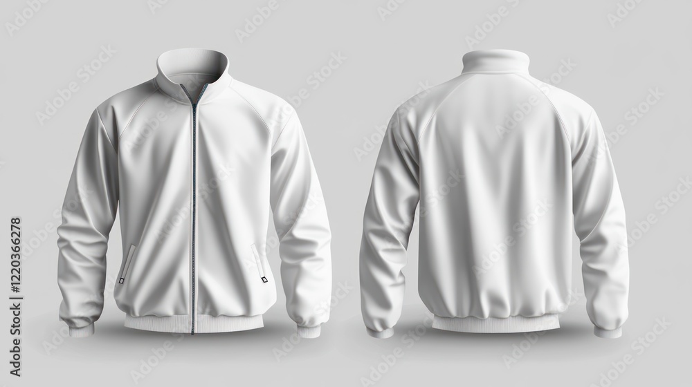 White tracksuit jacket template, front and back view, isolated on a ...