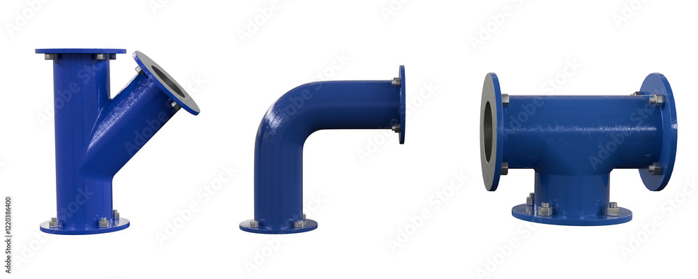 L flanged, T Flanged Pipe and Flange Asymmetrical Y Connection isolated ...