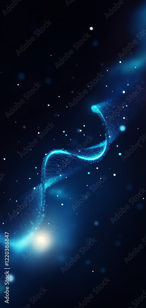 Glowing blue particles and swirling light form dynamic path in dark ...