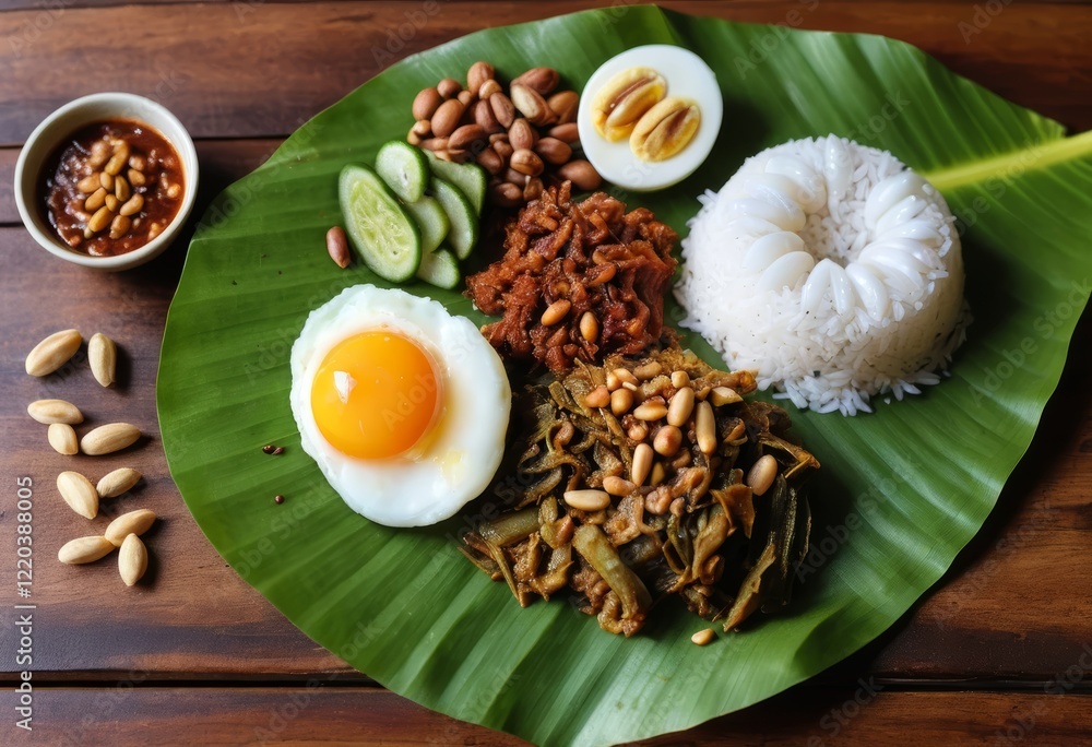 Delicious Nasi Lemak Malaysian Rice Dish with Fried Egg, Peanuts, and ...