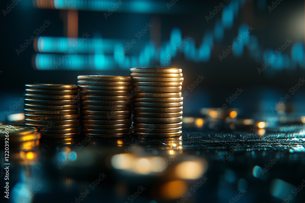 Coins stacked on top of each other with stock market charts in the ...