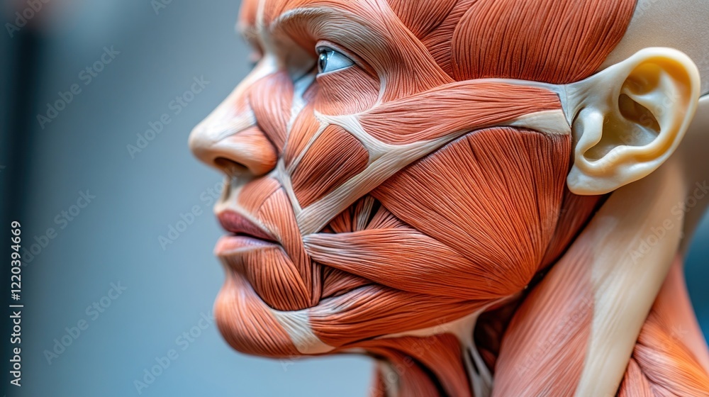 Anatomical model of the human head and neck, focusing on the facial ...