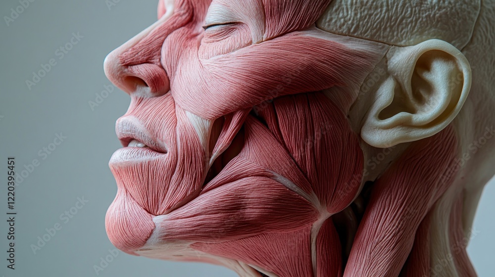Anatomical model of the human head and neck, focusing on the facial ...