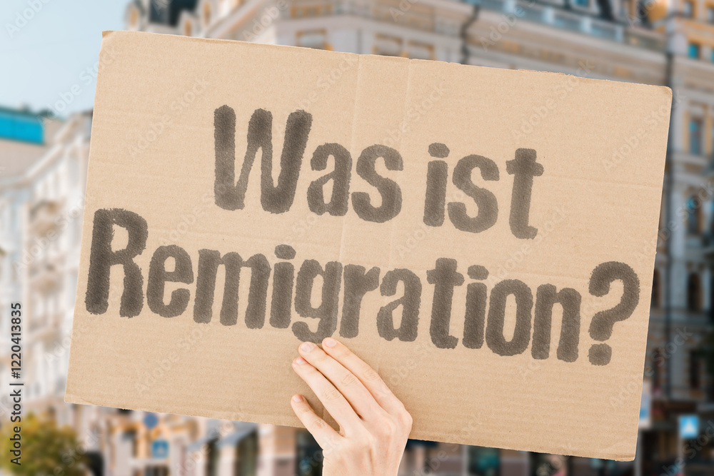 "Was ist Remigration?" on a cardboard banner. deportation. policy ...