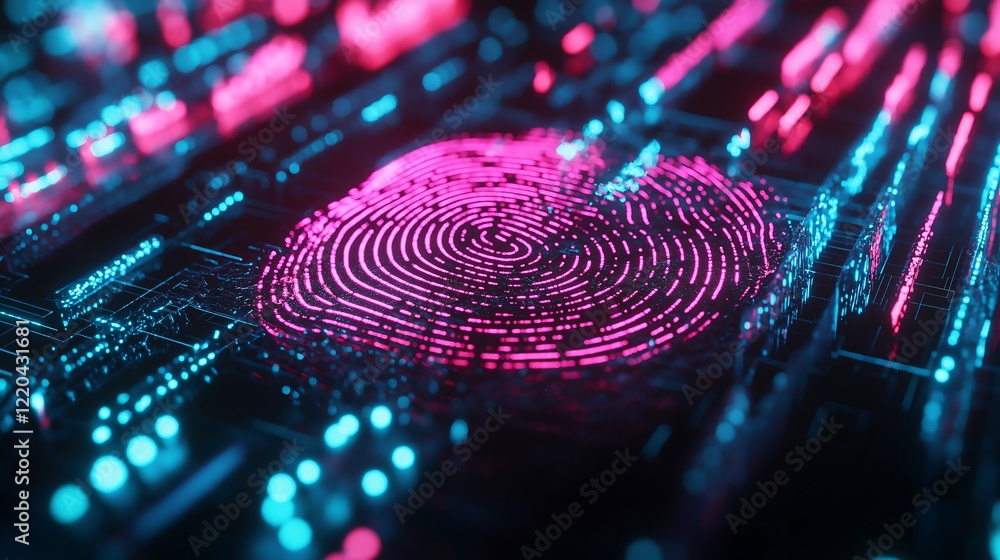 Cyberpunk fingerprint, neon pink glow, digital security, futuristic interface, holographic ...