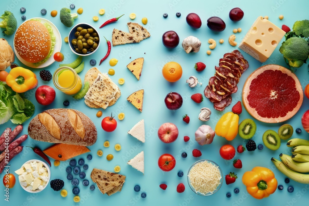 Foto de Stock Variety of healthy and unhealthy food forming two arrows ...