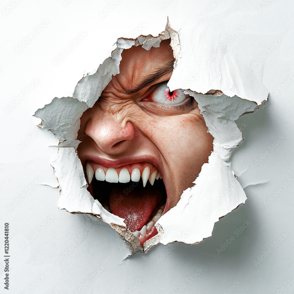 fierce face with sharp teeth and red eyes emerges through torn paper ...