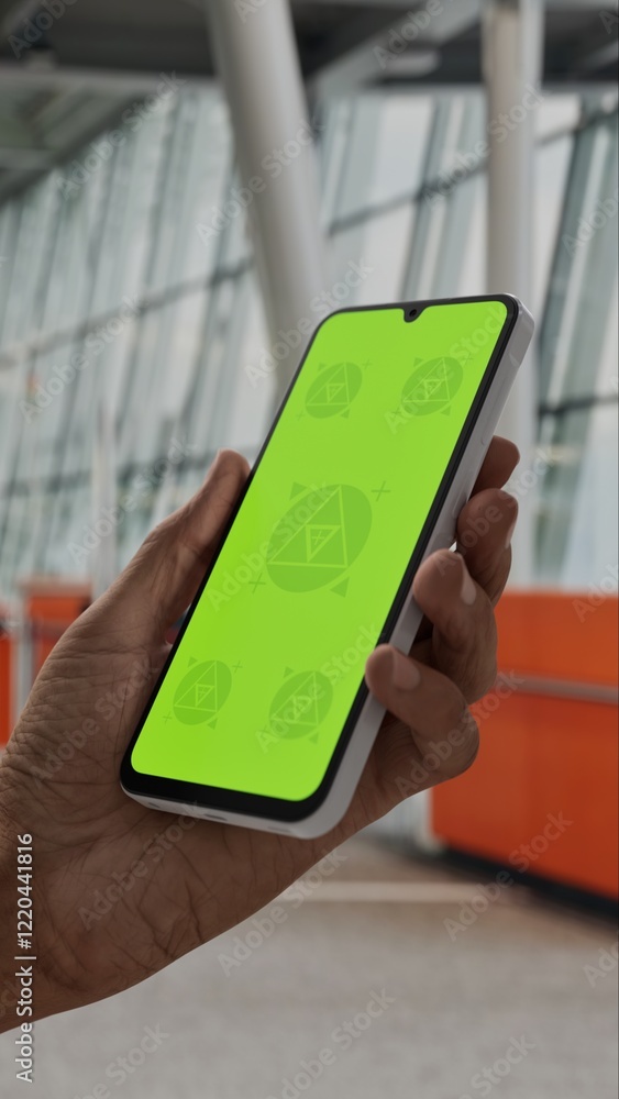 GREEN SCREEN CHROMA KEY A phone with a green screen is held near the ...