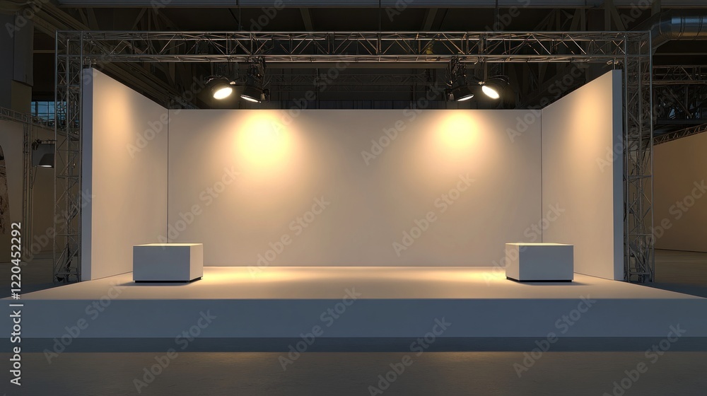 Empty trade show booth with spotlights and white backdrop. Stock ...