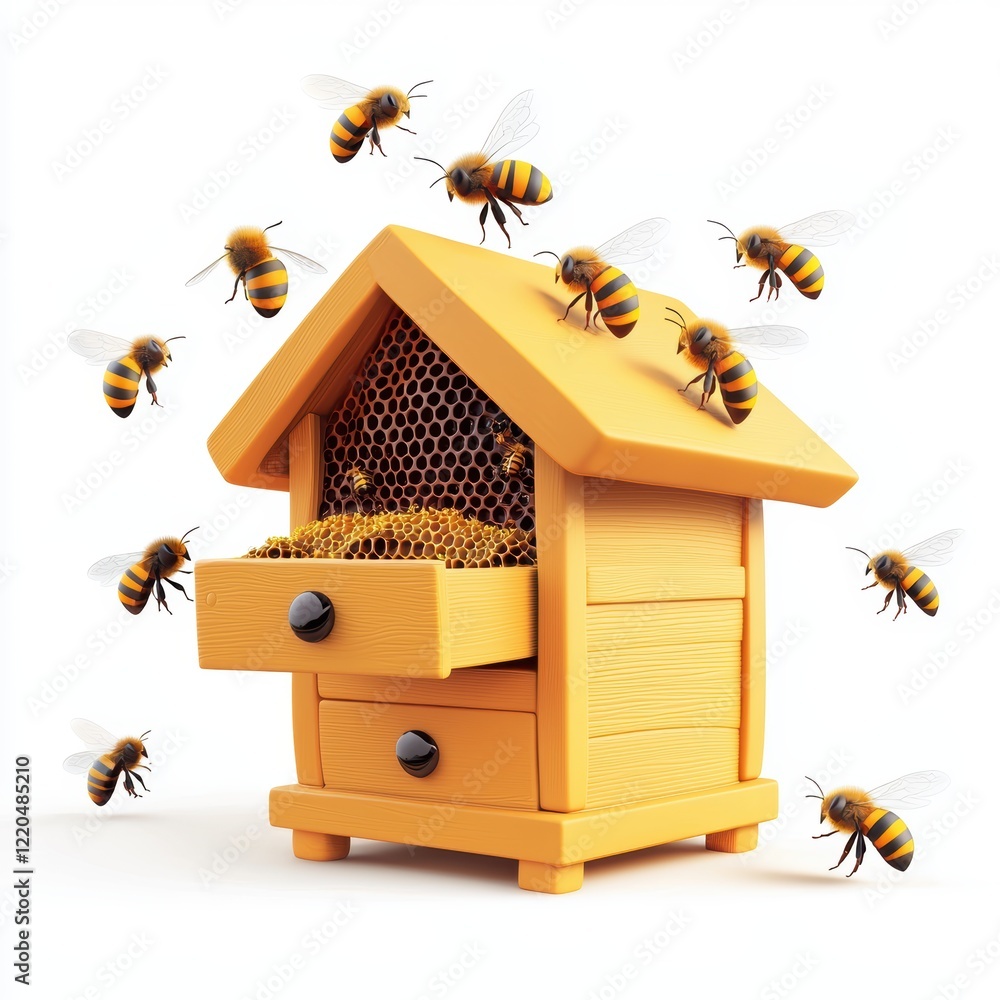 3D icon cartoon beekeepers hive box with buzzing bees, isolated on a white background Stock ...