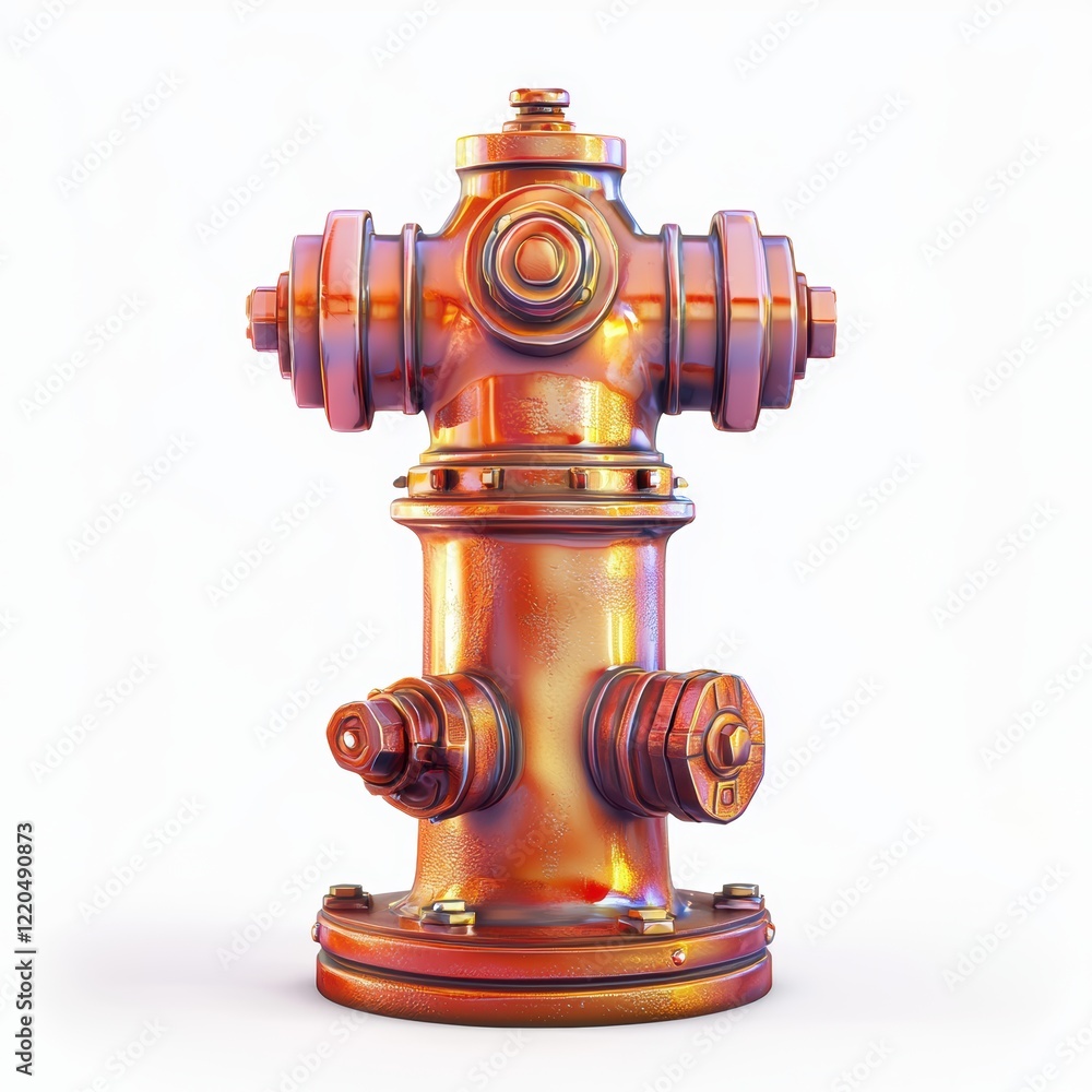 3D icon cartoon fire hydrant with a shiny metallic finish and a water ...