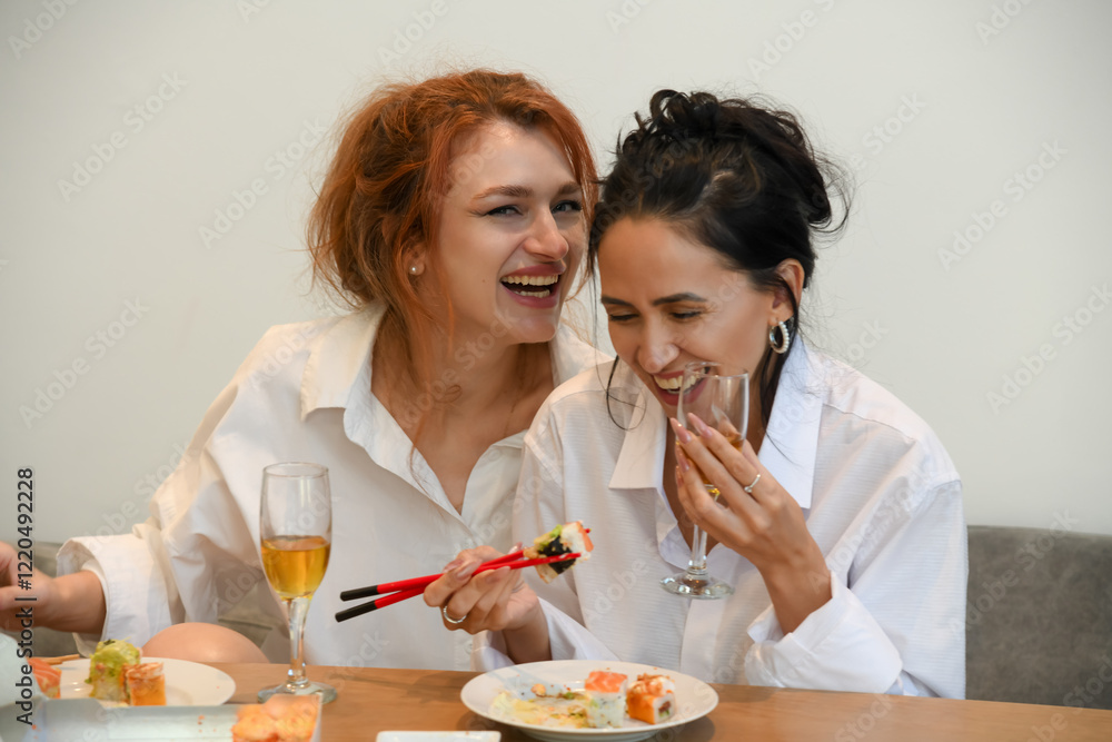 Friends enjoying sushi and drinks while laughing together in a cozy ...