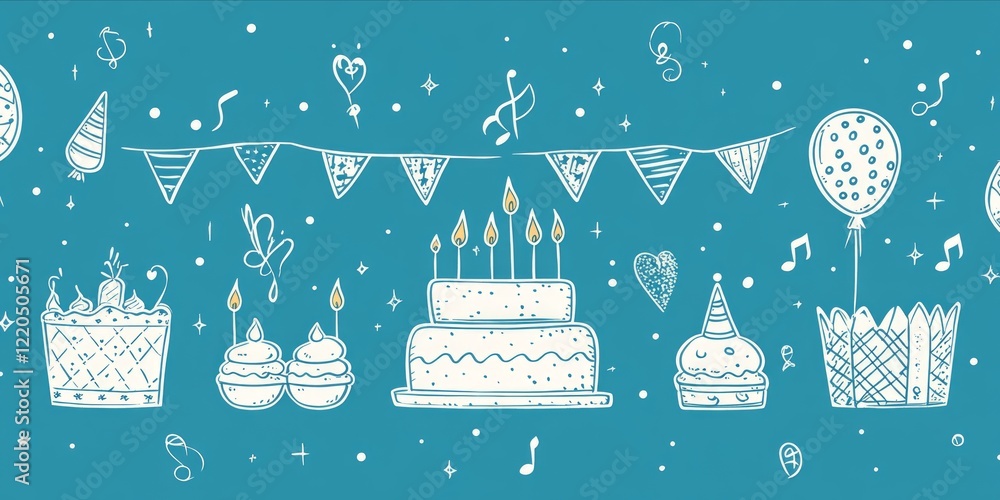 Colorful hand drawn birthday banner displaying festive party elements ...