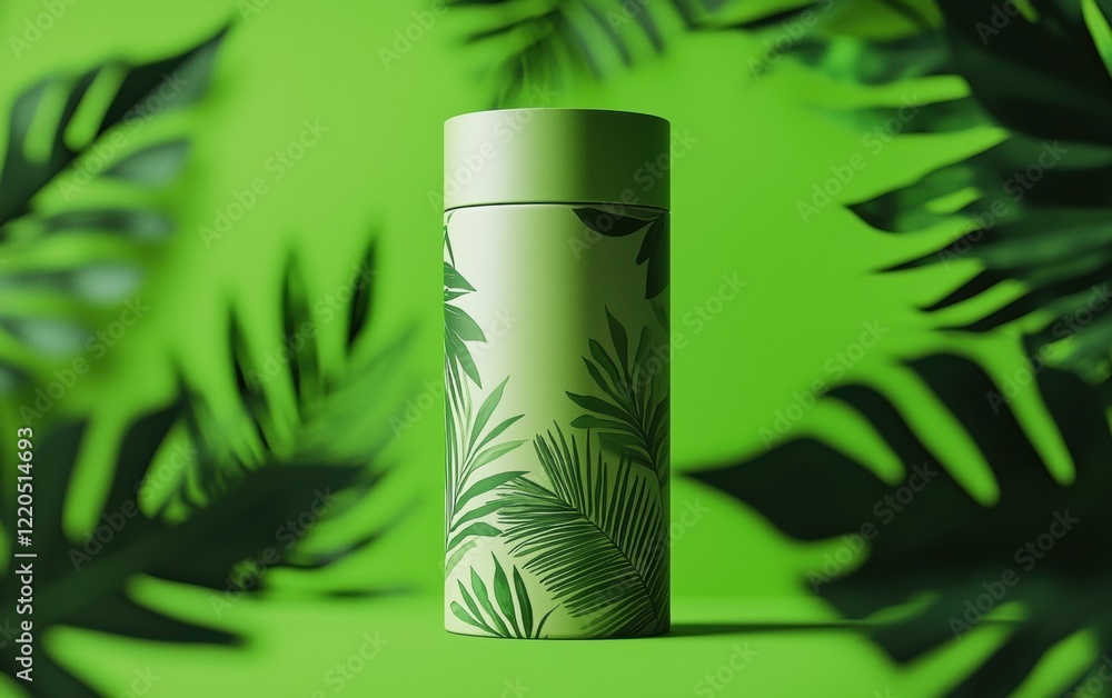 A cylinder-shaped canister for snacks mockup, standing on a bold green ...