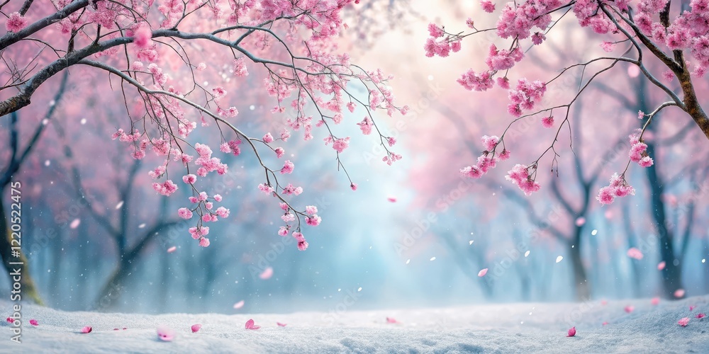 Soft pink sakura petals gently falling on a snowy background with bare ...