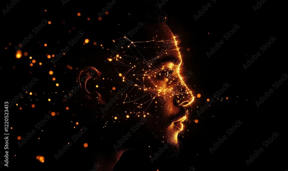 Side Profile of Human Man Face Illuminated by Neon Network Nodes and ...
