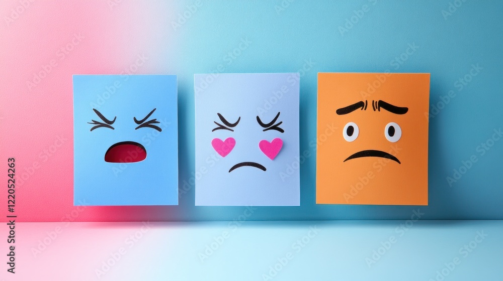 Cards with facial expressions and pink heart symbols on them, some ...