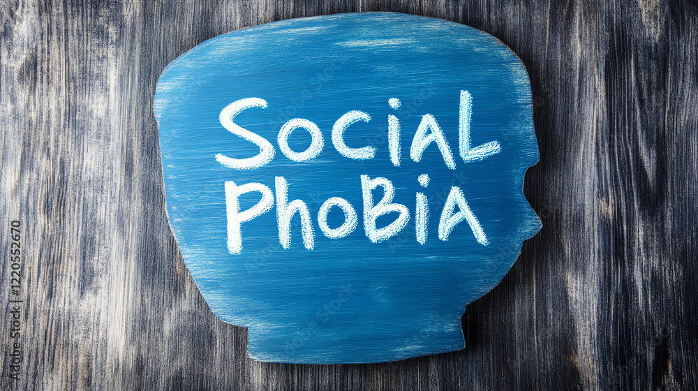 Blue profile silhouette with "Social phobia" text on wooden background ...