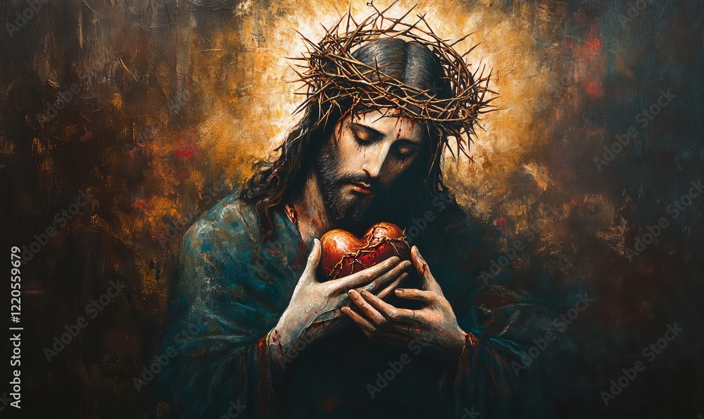 Sacred Heart of Jesus in Crown of Thorns, Religious Art Painting, Jesus ...