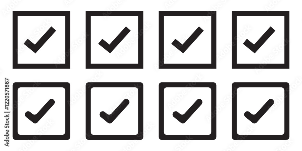 Check box icon with correct, accept checkmark icons tick box checked. Check mark icon symbols ...