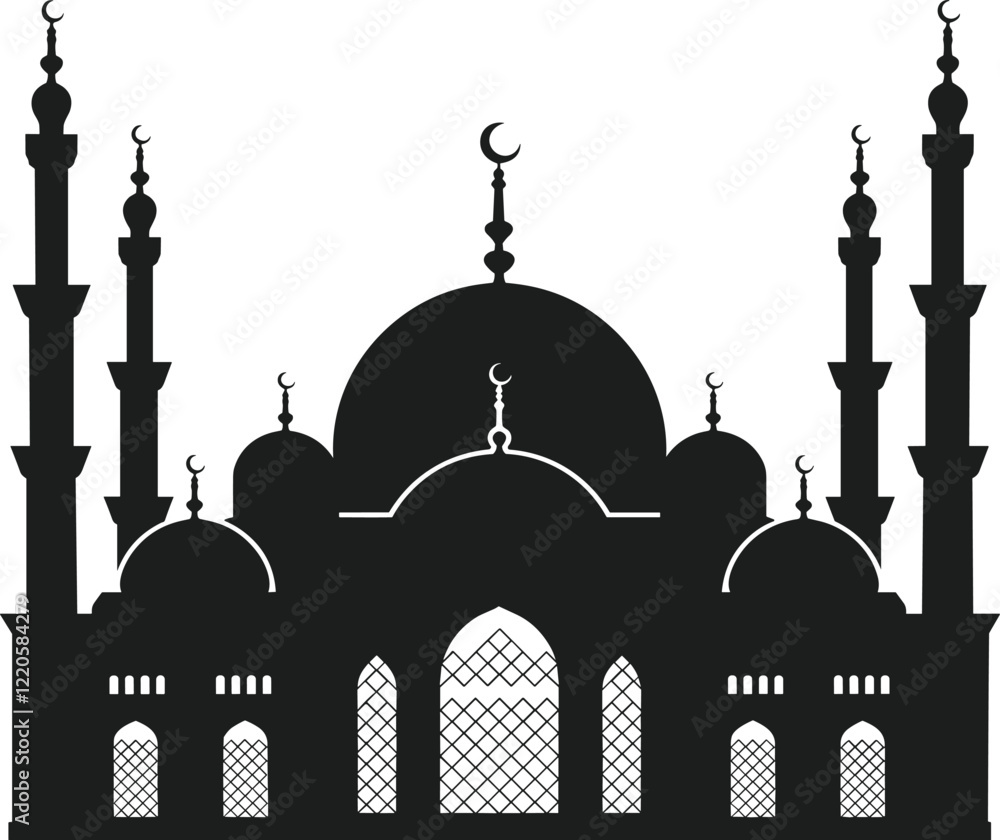 Islamic Mosque Silhouette Vector - Detailed Black Architectural Design ...